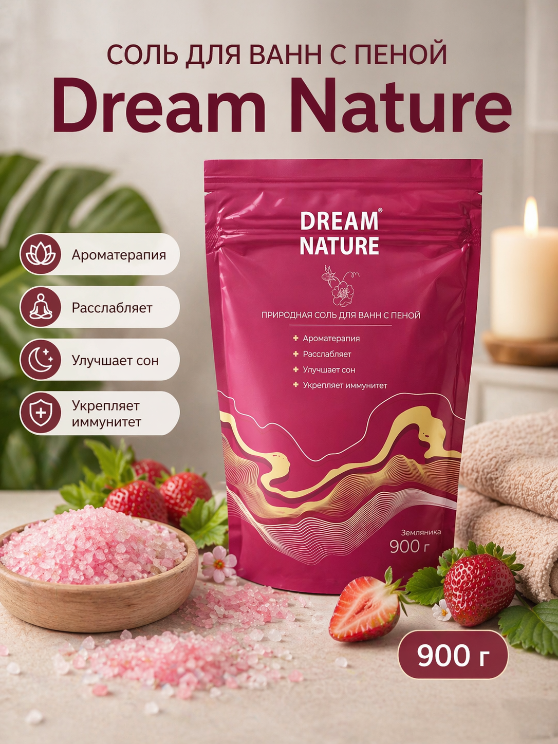 Соль для ванны Dream Nature "Земляника", морская, с пеной, 900 гр