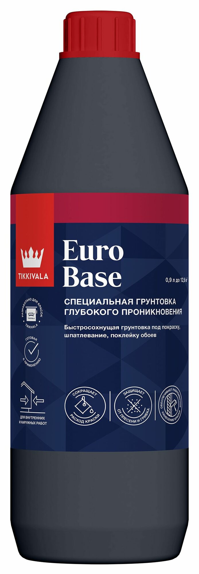 Грунтовка Tikkivala Euro Base, 0,9л, готовая к применению, быстросохнущая, защищает от плесени и грибка, для внутренних работ (Tikkurila)