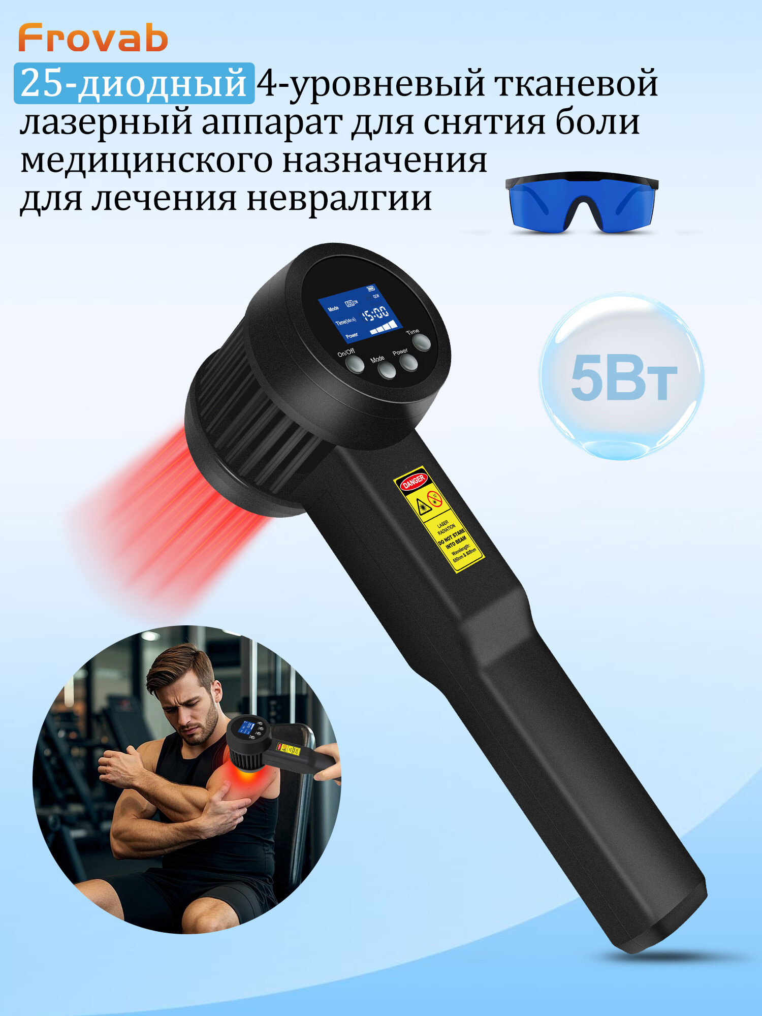Frovab холодный лазер LLLT, 5000мВт, 25 диодов, лечение болей, воспалений, травм и артрита для людей и питомцев