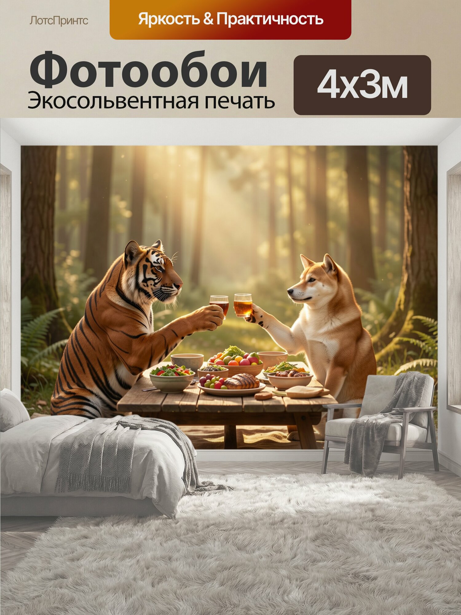 Фотообои "Лесной пикник тигра и пса. Фантазийная 3D-сцена: полосатый хищник и рыжий пес чокаются бокалами за столом с угощениями в залитом." 400x300 см. экосольвентная печать