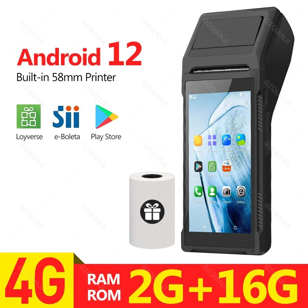 Портативный POS-терминал Android 12 с принтером 58 мм, 2G+16G, черный
