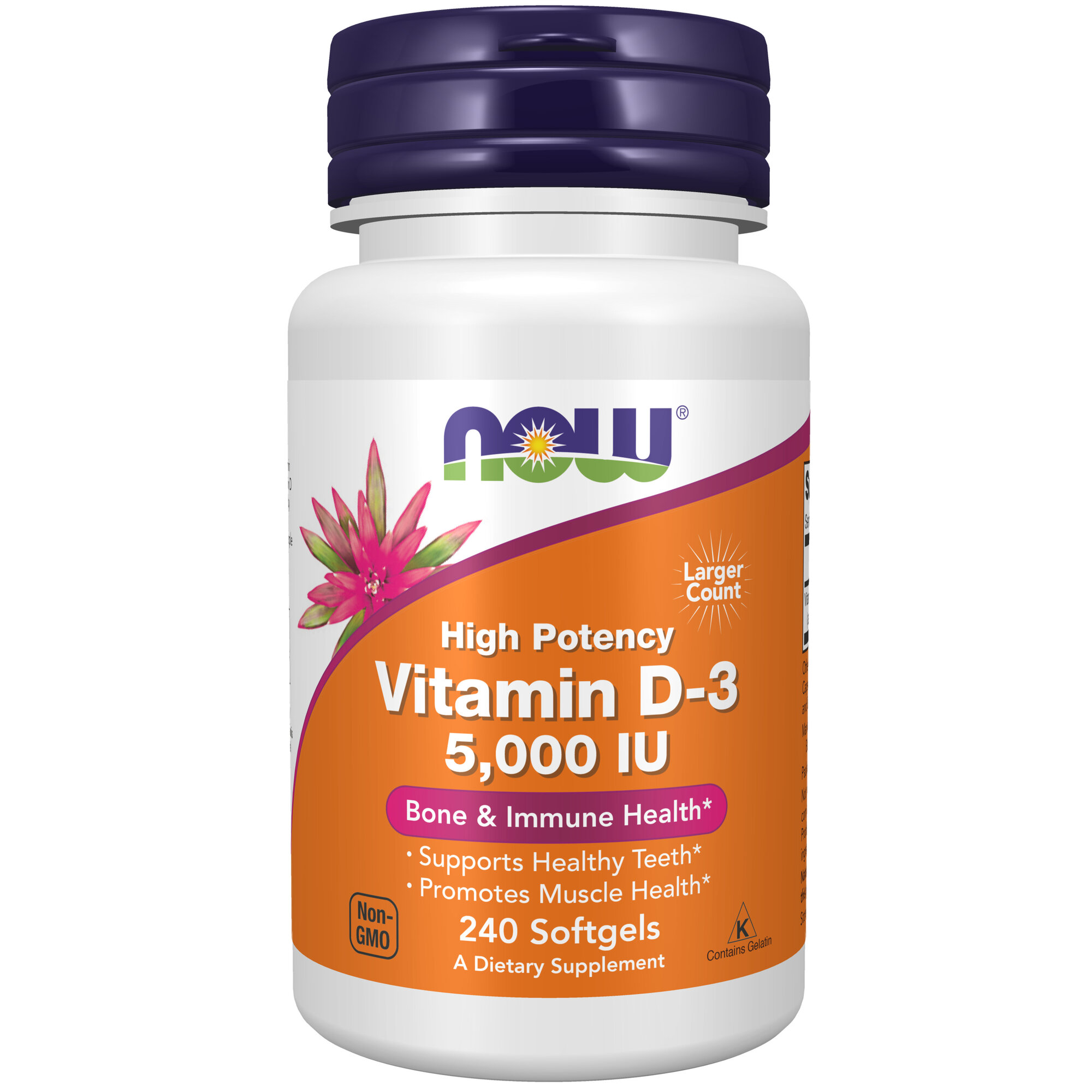 Витамин Д3, 5000 ME NOW High Potency 125mcg Vitamin D3, 240 мягких капсул, для мозга, для здоровья костей, для зубов