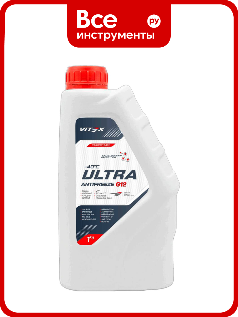 Антифриз VITEX Ultra G-12 -40 красный, моноэтиленгликольный, универсальный антизамерзатель для авто, защита