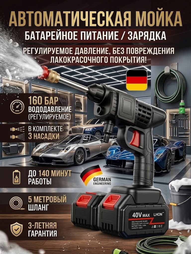 Мойка высокого давления аккумуляторная для автомобиля, Автомойка, в кейсе 2 аккумулятора, 3 насадки