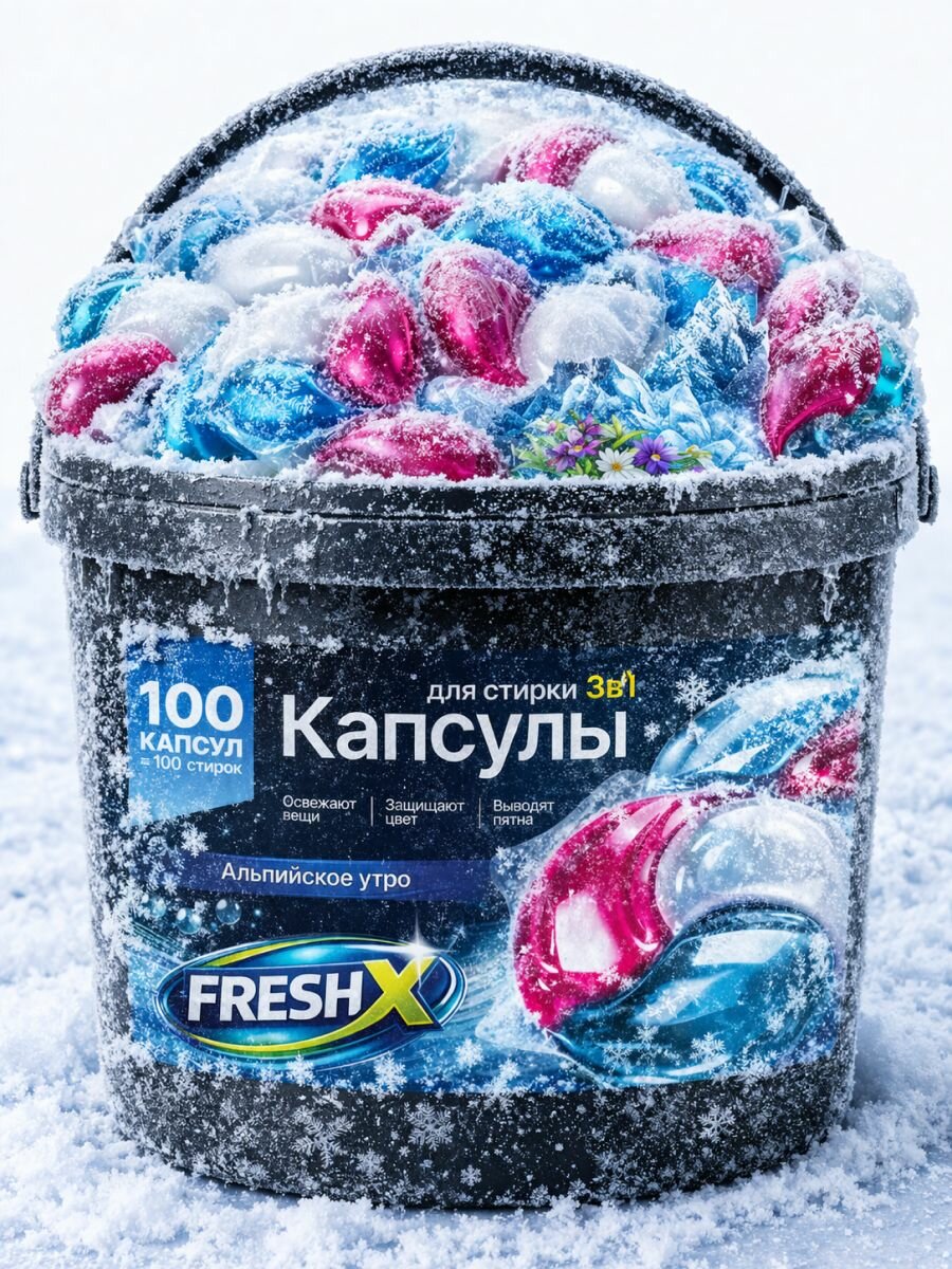 Капсулы для стирки белья FRESH X, 3в1, Альпийское Утро, 100 штук, с кондиционером стиральные капсулы 3в1 капсулы с кондиционером