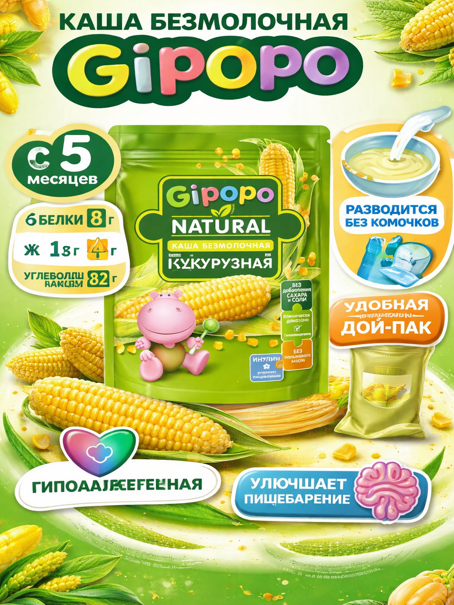 Каша безмолочная детская Gipopo Кукурузная с 5 месяцев, 180г