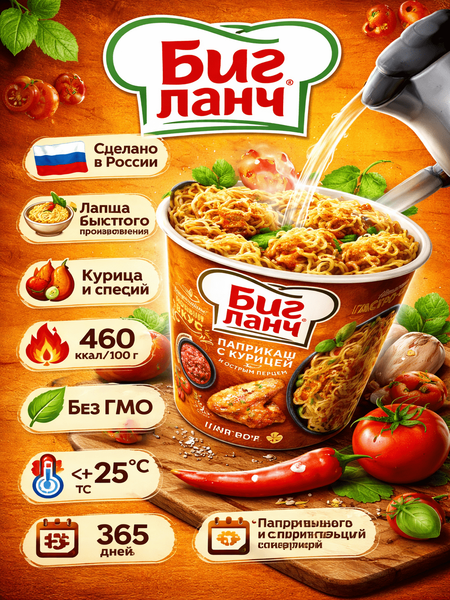 Лапша быстрого приготовления Биг ланч Паприкаш с курицей и перцем, 90г