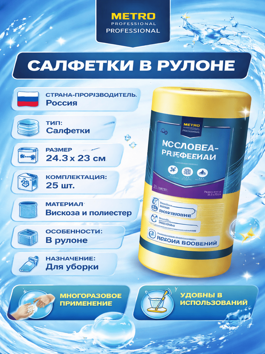 METRO PROFESSIONAL Салфетки в рулоне вискоза-полиэстер 24.3 x 23см, 25л
