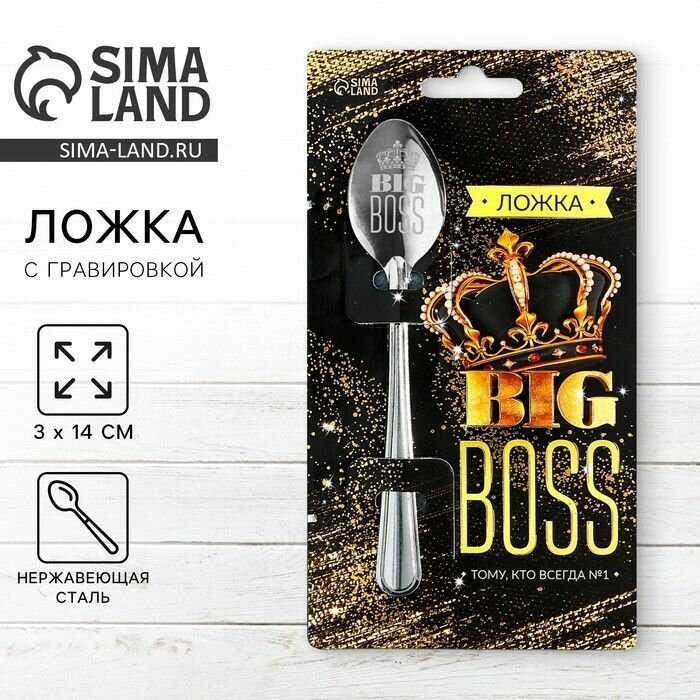Ложка с гравировкой сувенирная "BIG BOSS", чайная, нержавеющая сталь, серебристая, 1 шт, универсальный подарок