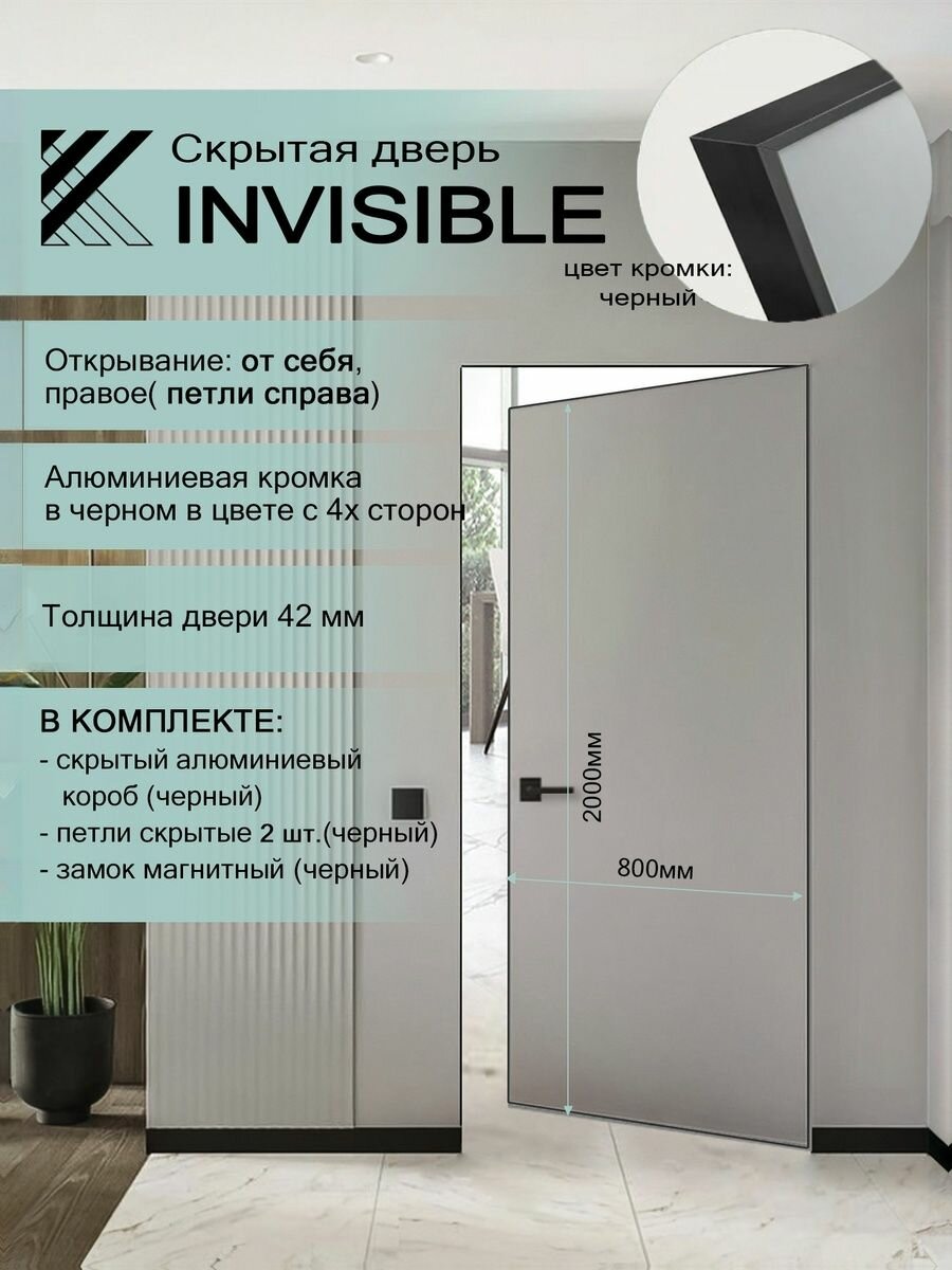 Комплект скрытая дверь под покраску 800x2000, открывание от себя, петли справа, черная кромка