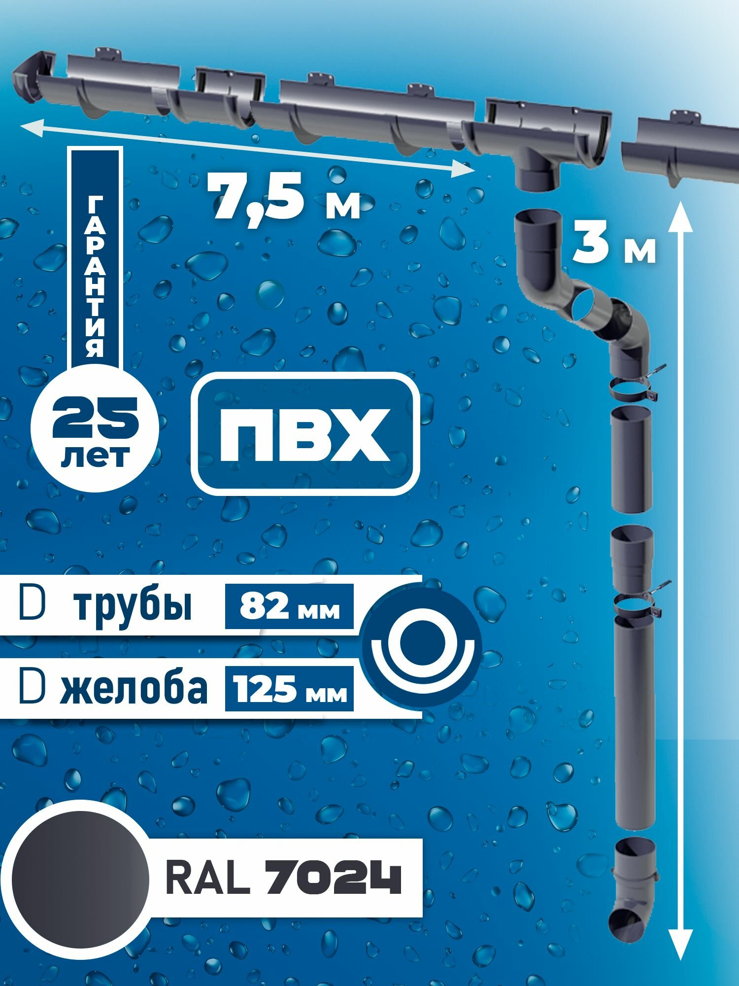 Водосточная система вегапласт (125мм / 82 мм) 7,5 м серый водосток для крыши пластиковый Vegastok Vegaplast (RAL 7024 графитовый) комплект ПВХ