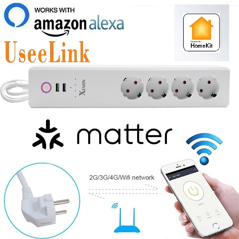 Умный сетевой фильтр UseeLink Matter 16 А 3500 Вт, 2 USB, совместим с HomeKit, Alexa, Google Assistant