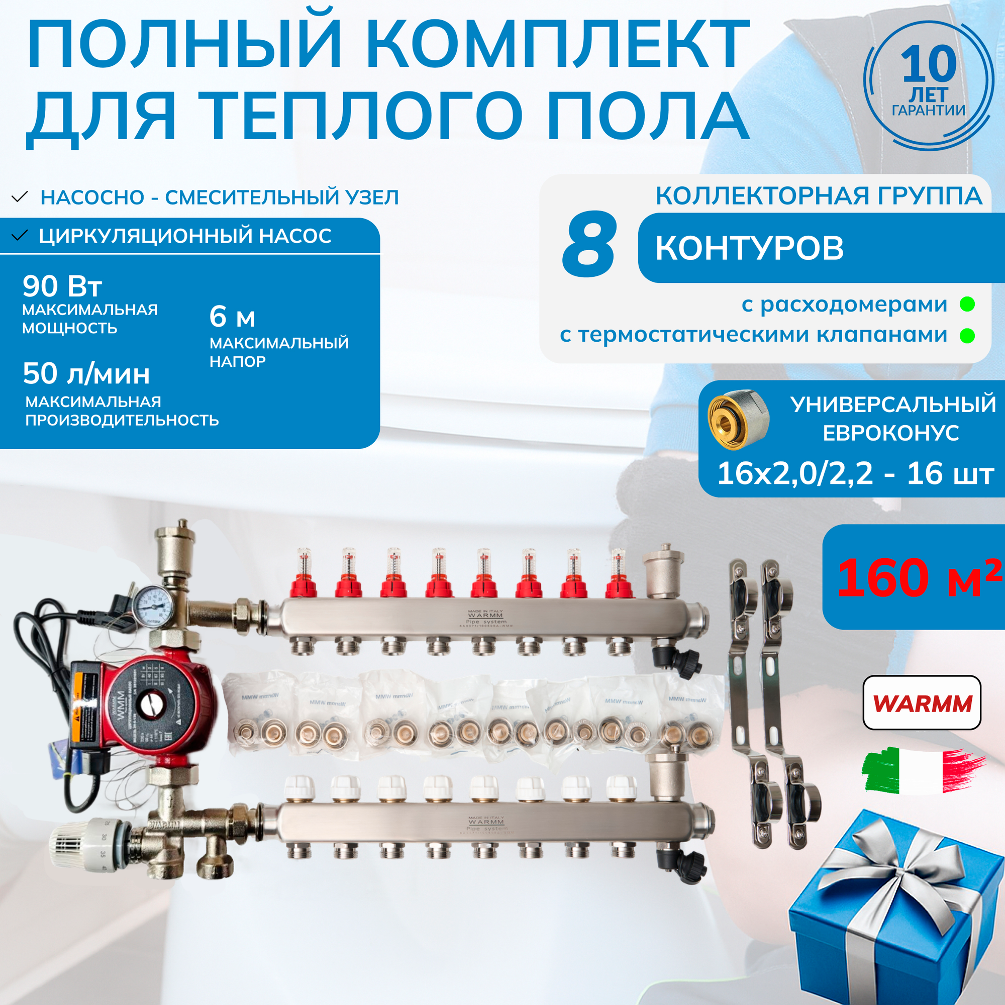 Коллектор для теплого пола в сборе на 160 квадратов теплого пола, 8 контуров с расходомерами Warmm Pipe System