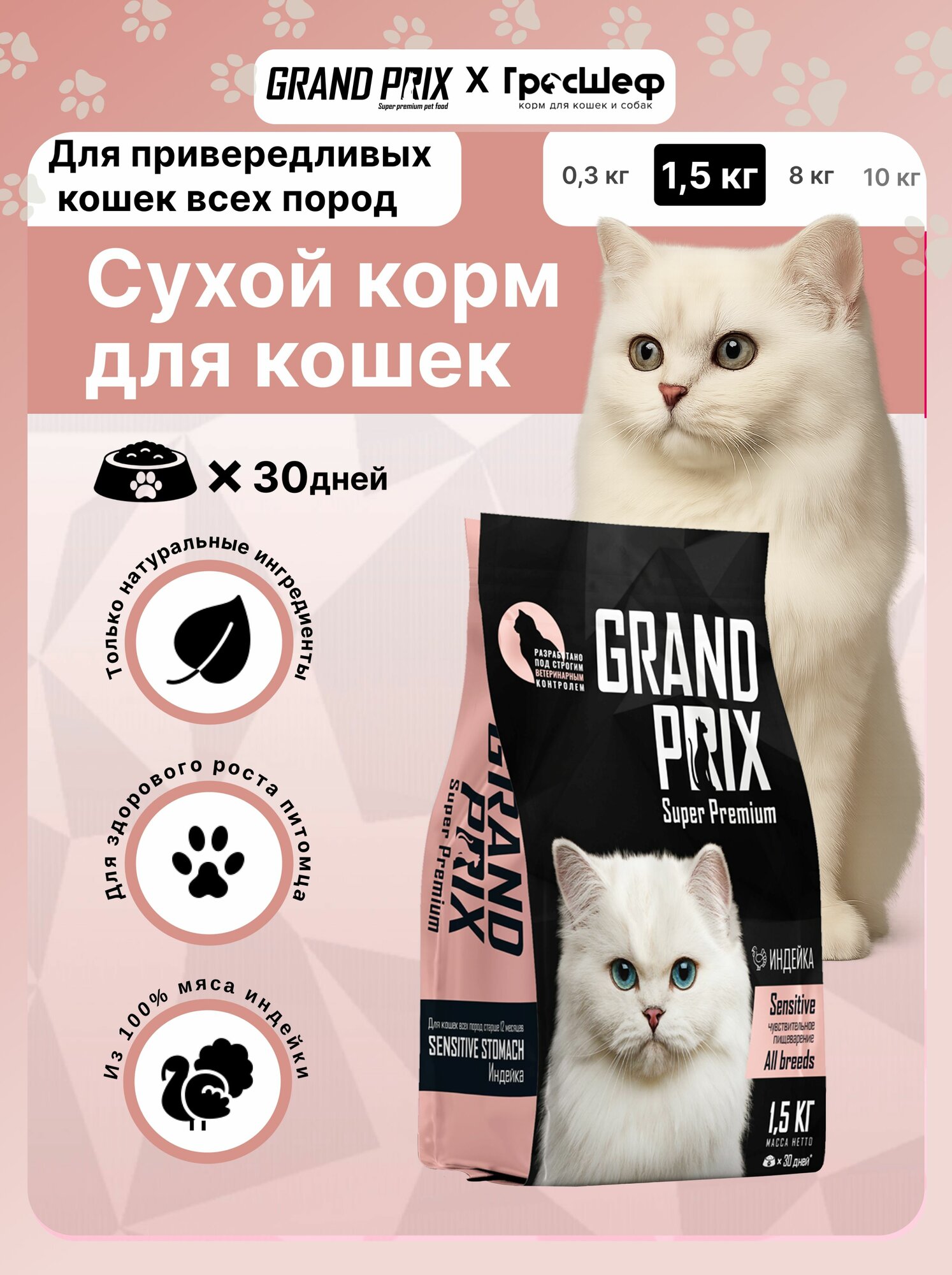 Сухой корм для кошек с чувствительным пищеварением Grand Prix с индейкой 1,5 кг