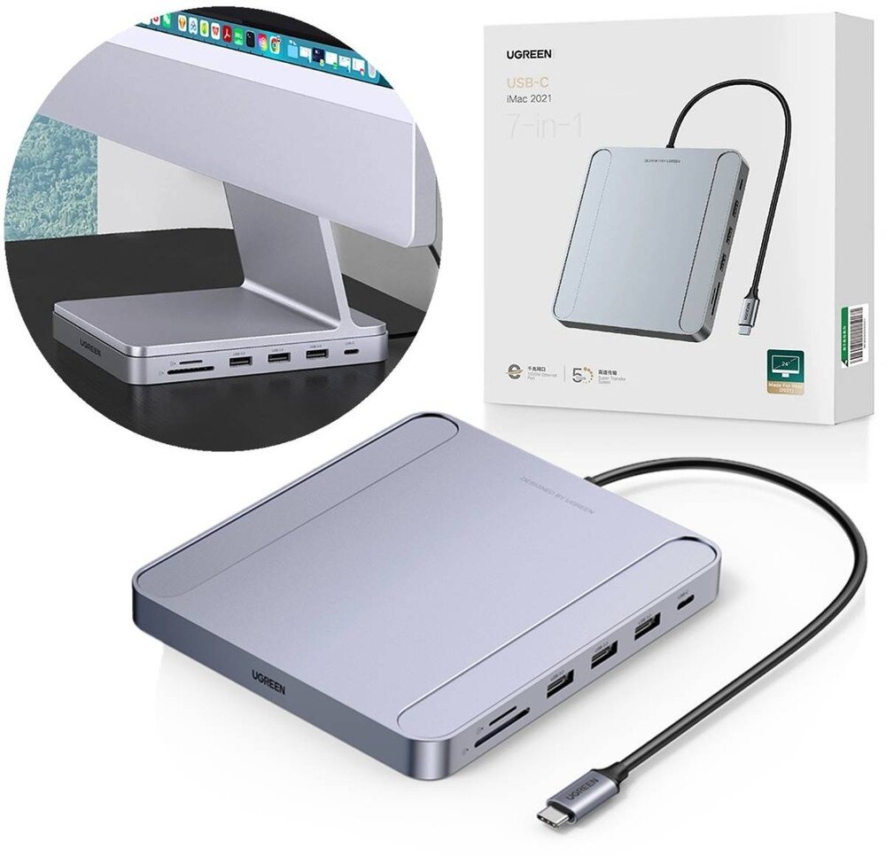 Док-станция Ugreen 7 в 1 CM522 usb-хаб для iMac 24 ethernet RJ-45 USB 3.0 USB-C картридер (60378)