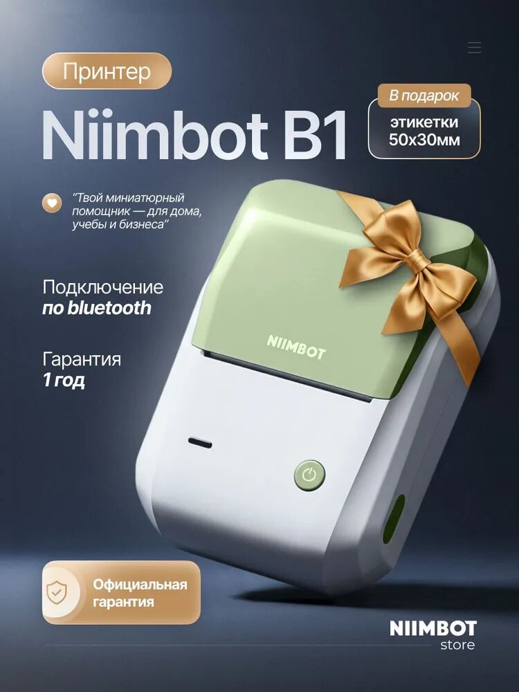 Термопринтер для этикеток и наклеек Niimbot B1 синий, беспроводной рулон этикеток 50x30 мм