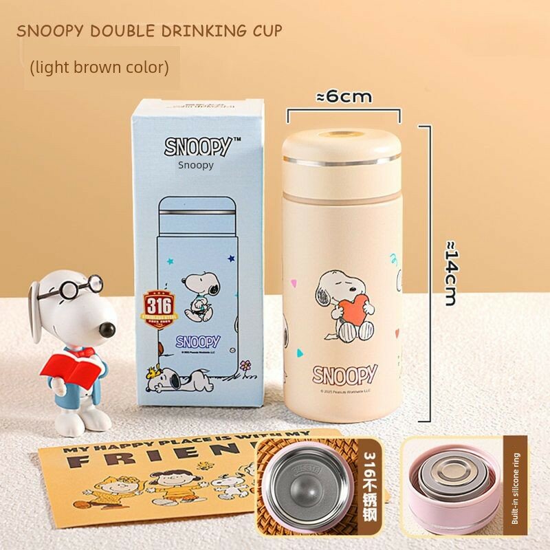 Стильный термос-чашка Snoopy из нержавеющей стали, 260 мл, компактный, удобный для женщин, светло-бежевый цвет