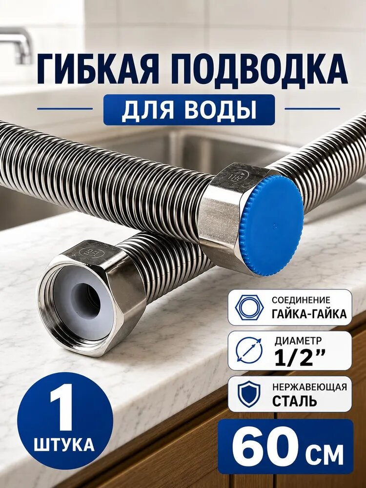Гибкая подводка для воды 1/2" 60 см, универсальный шланг из нержавеющей стали SS304 для смесителя, унитаза и бойлера, 1 шт.