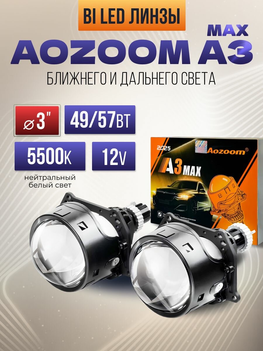 Aozoom A3 MAX 2025 Светодиодные би лед линзы в фары 3 дюйма 2 шт