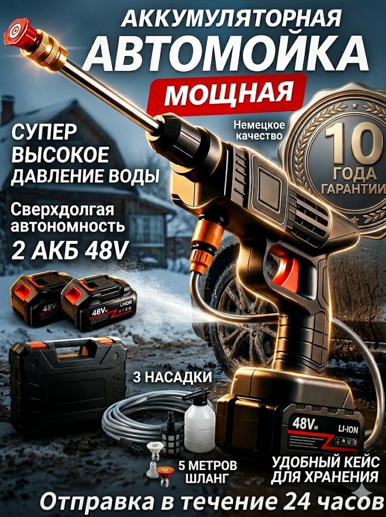 Мойка высокого давления аккумуляторная для автомобиля, Автомойка, в кейсе 2 аккумулятора, 3 насадки