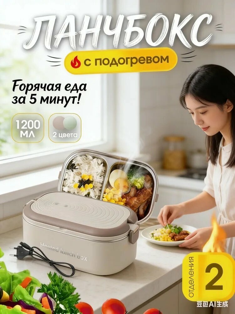 Электрический ланч бокс с подогревом, герметичный, с отделениями, 1200 мл