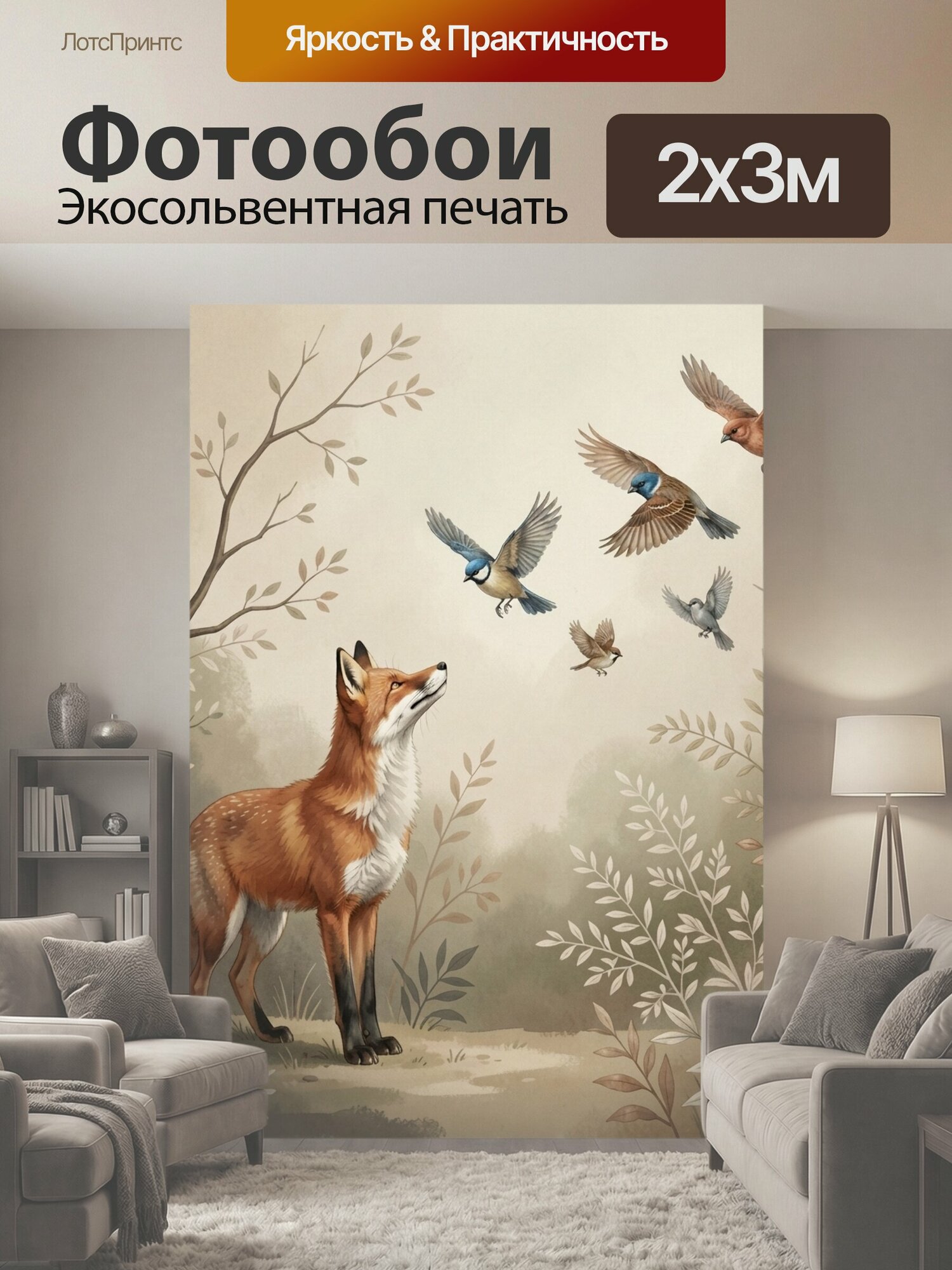Фотообои "Лисица и птицы в лесу. Мягкая акварельная сцена с рыжей лисой среди тонких деревьев и летящих пернатых. Пастельные бежевые." 200x300 см. экосольвентная печать