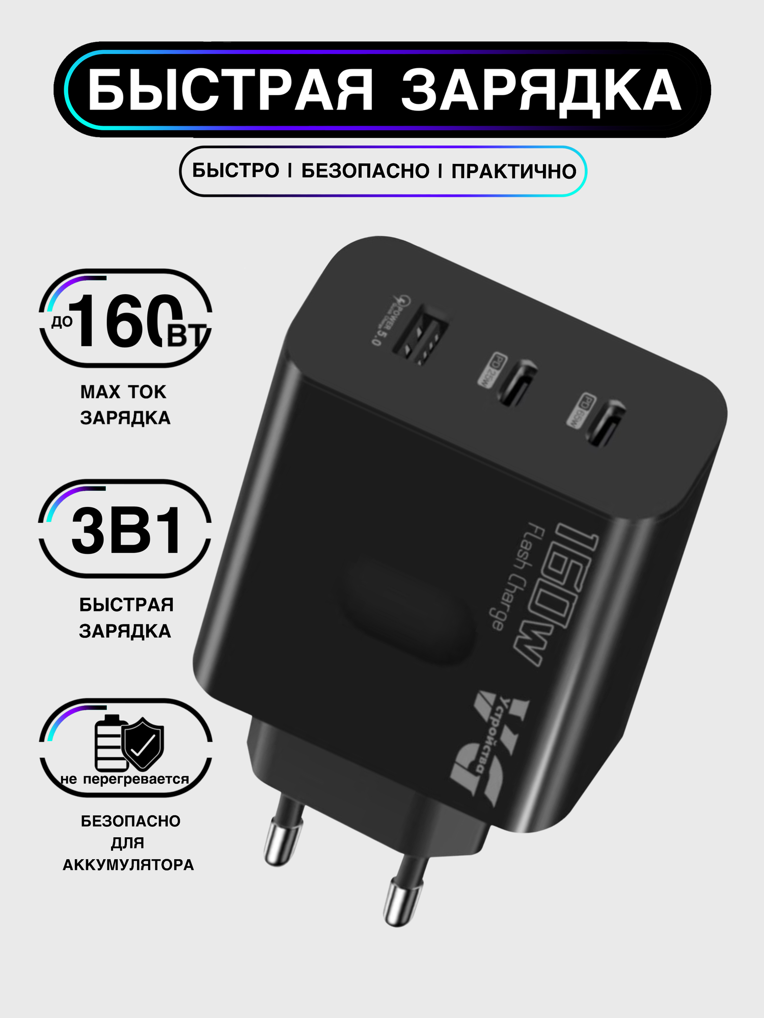 Зарядное устройство (адаптер) для зарядки телефона, планшета. 1 USB порта и 2 Type-C разъема. 160Вт 5В / цвет черный