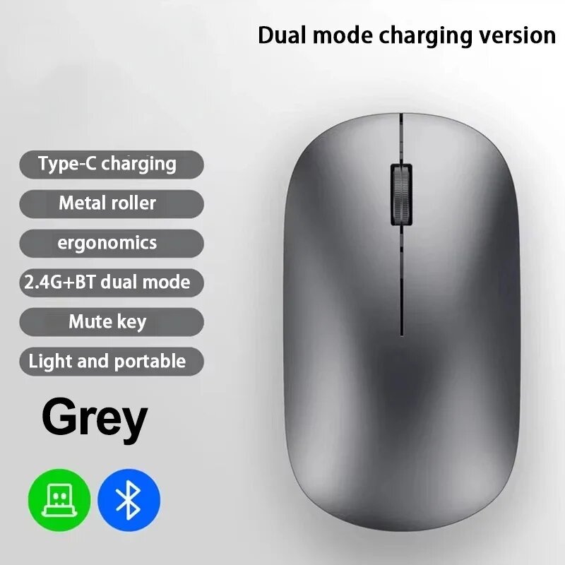 Беспроводная мышь Gray, Dual mode, Type-C, Mute key