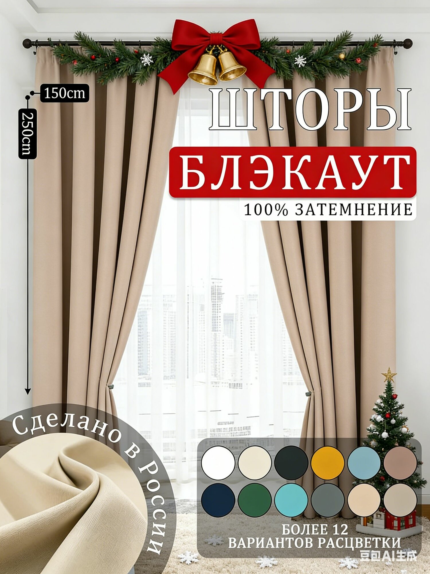 Шторы блэкаут, Комплект штор блэкаут 250x300см, светло-коричневый, подарок на новый год