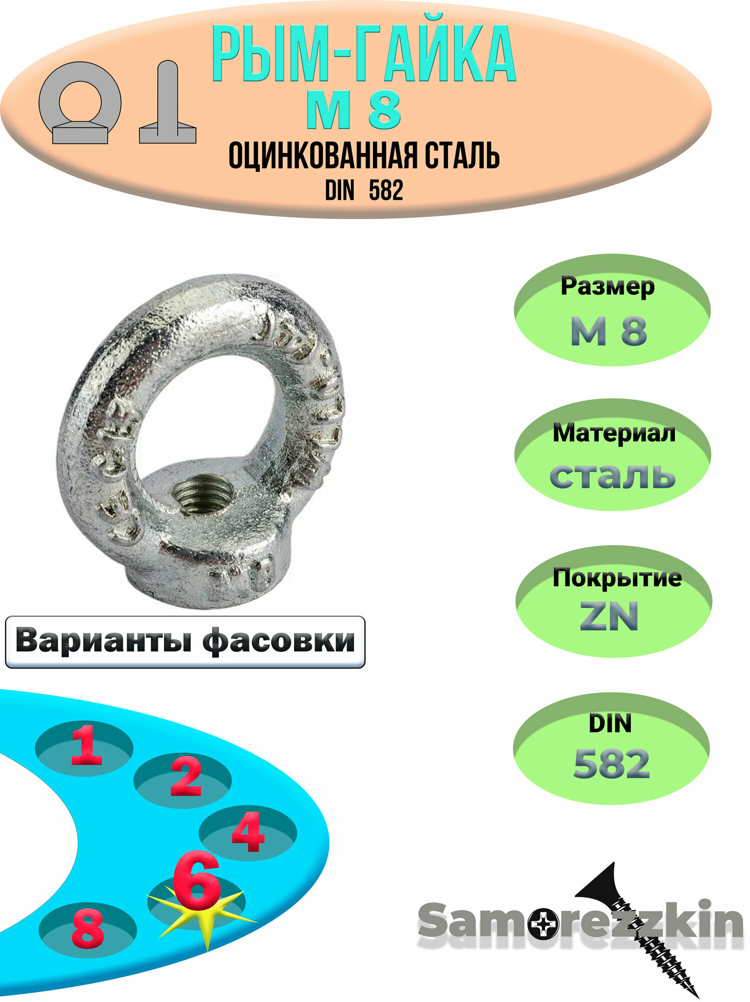 Рым-Гайка DIN 582, оцинкованная, сталь, диаметр 8 мм, надёжность и прочность