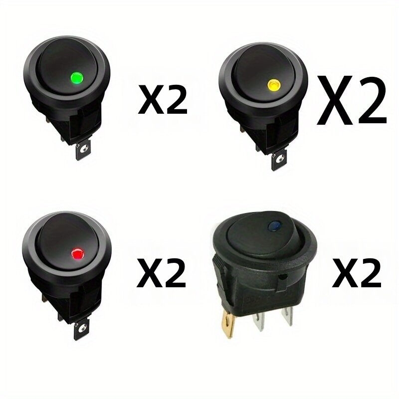 8 шт. 12V круглые рокерные переключатели ON/OFF с многоцветными светодиодными индикаторами (синий, красный, зеленый, желтый) - по 2 каждого цвета, латунные контакты SPDT, защелкивающиеся, для автомобильных и грузовых электрических систем
