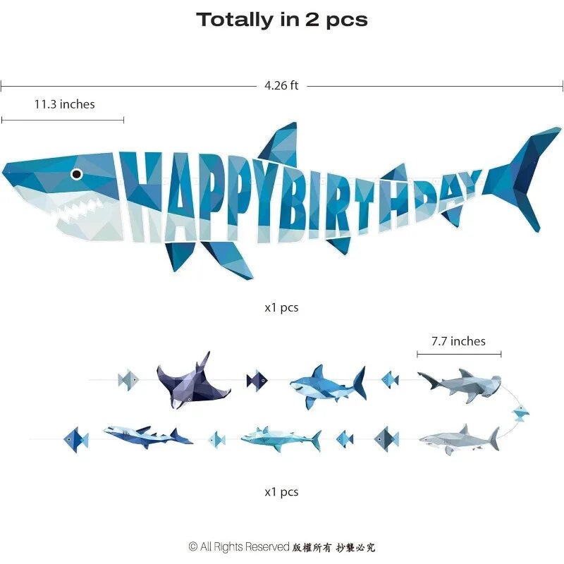 Бумажные гирлянды с акулами для дня рождения Shark Birthday Party Decorations