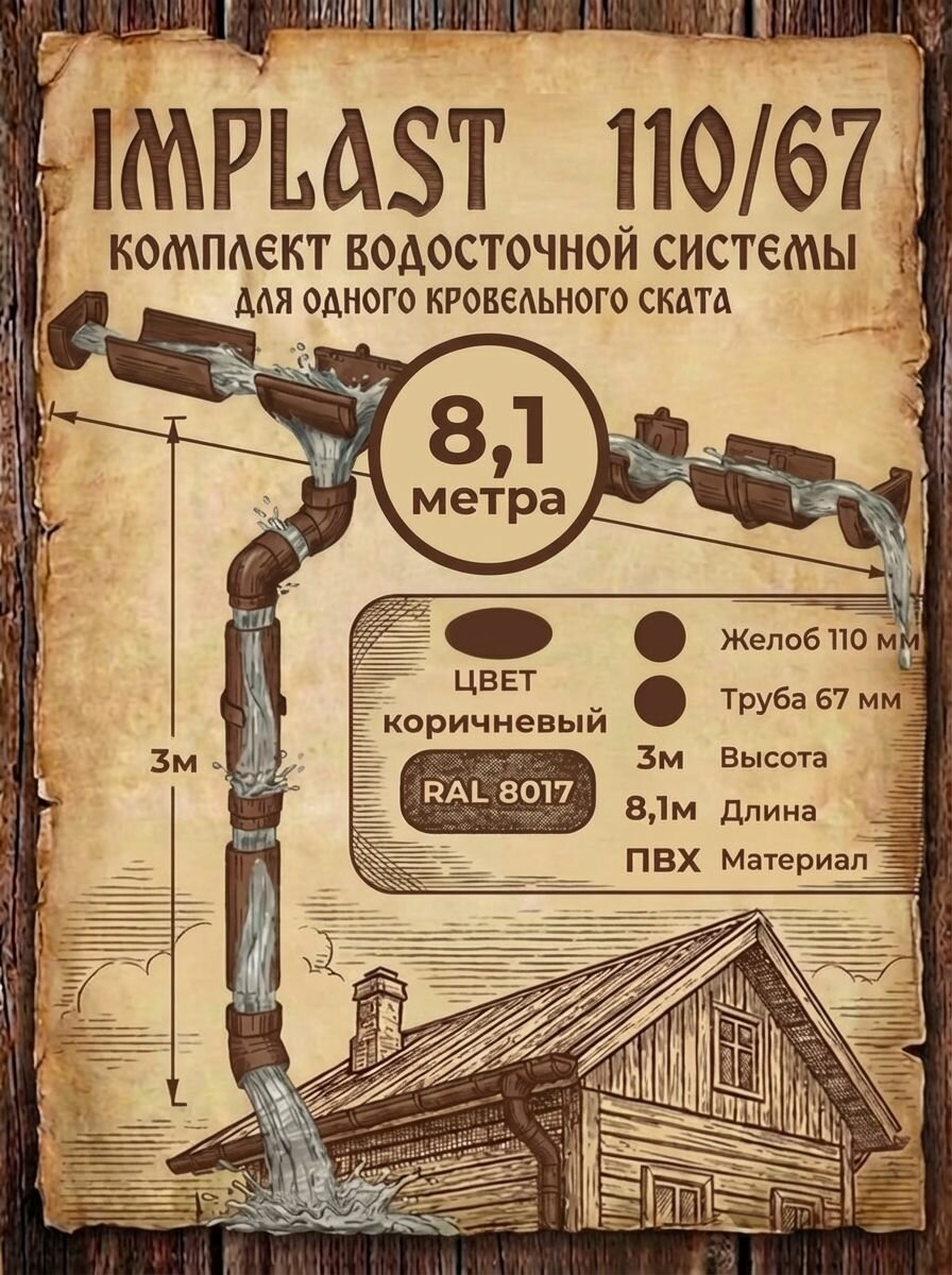 Готовый комплект (набор) водосточной системы U110/67, на 8,1 метра, коричневый