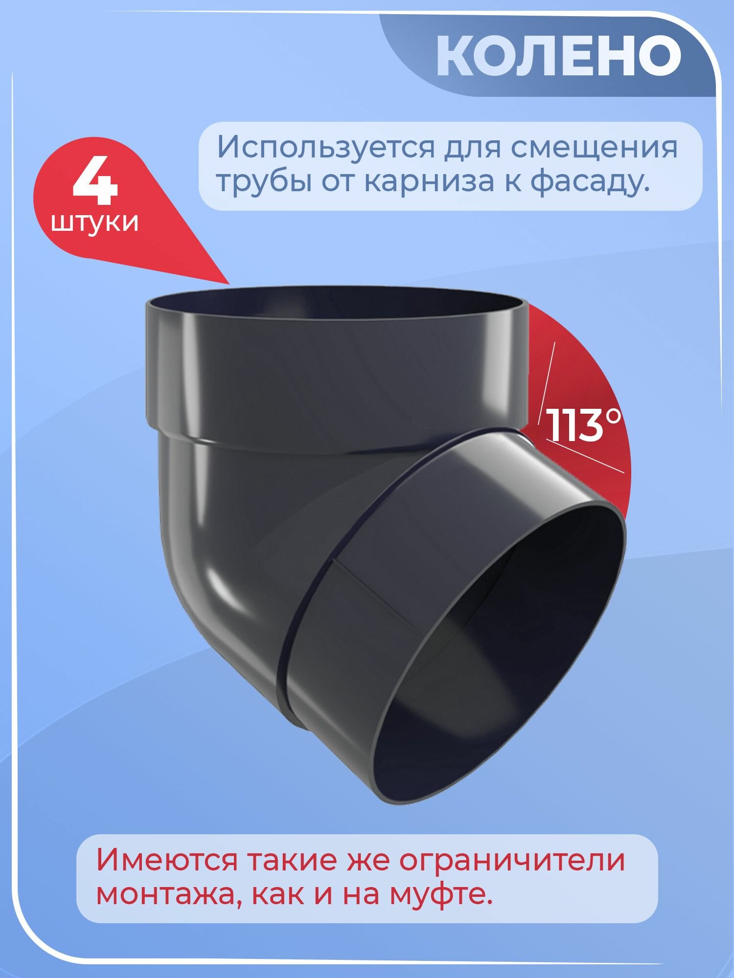 Grand Line Колено трубы 67 градусов 4 шт ( RAL 7024 серый графит) для водосточной системы ( 87мм ) Элемент водостока Гранд (120 мм/90 мм) ПВХ комплект для крыши