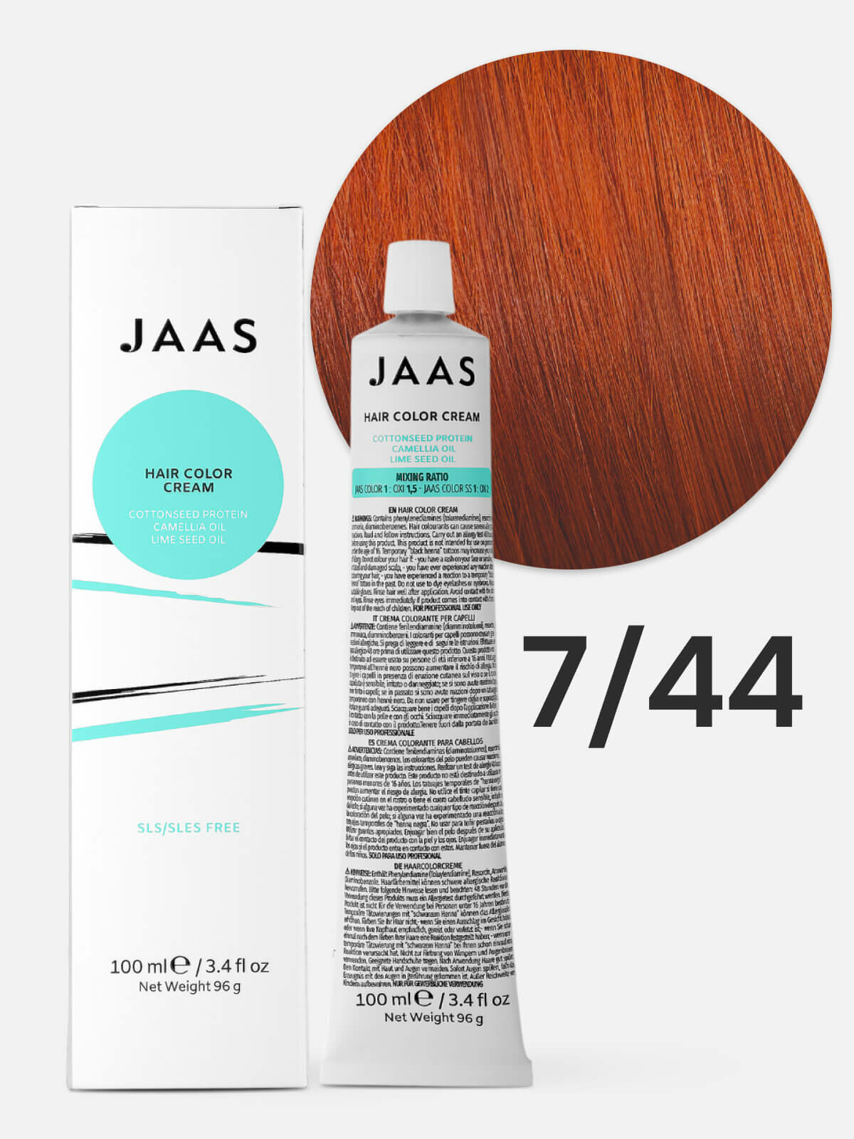 Крем - краска для волос профессиональная Jaas 7/44 Русый Интенсивный медный, 100 мл