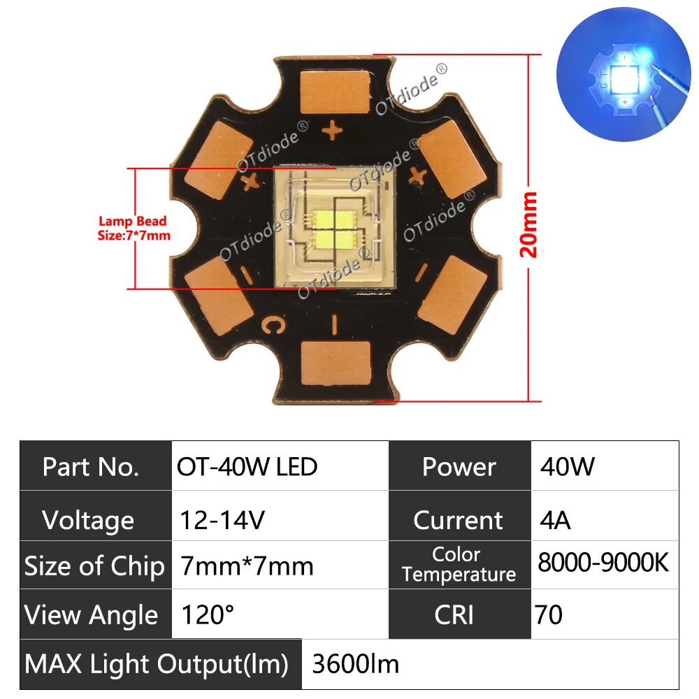 OTdiode Stage Light 20-300W Холодный белый свет 40W 12-14V LED