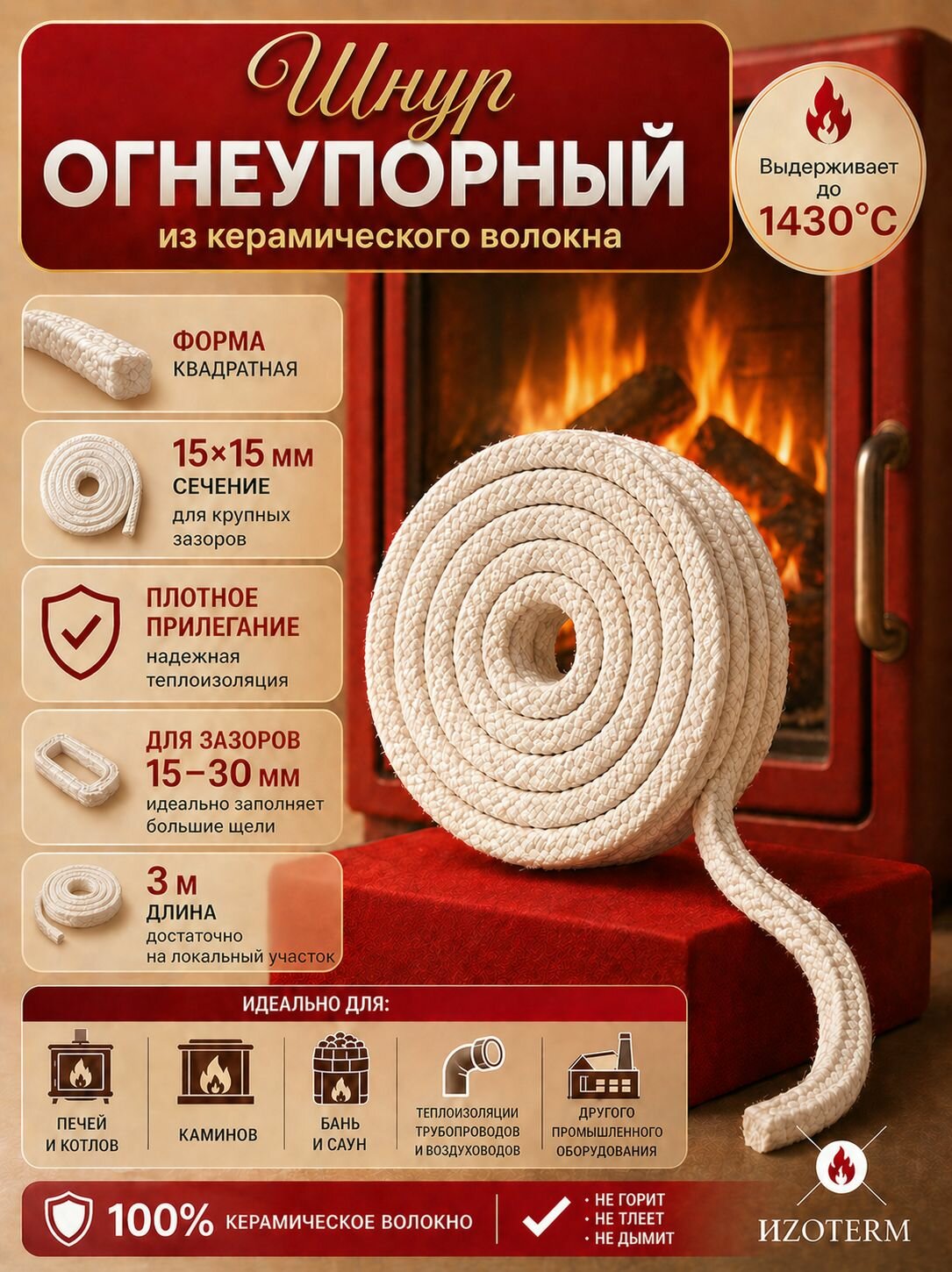 Огнеупорный керамический шнур 15x15 мм для печей и каминов, 3 м жаропрочный шнур для печи термостойкий шнур для камина