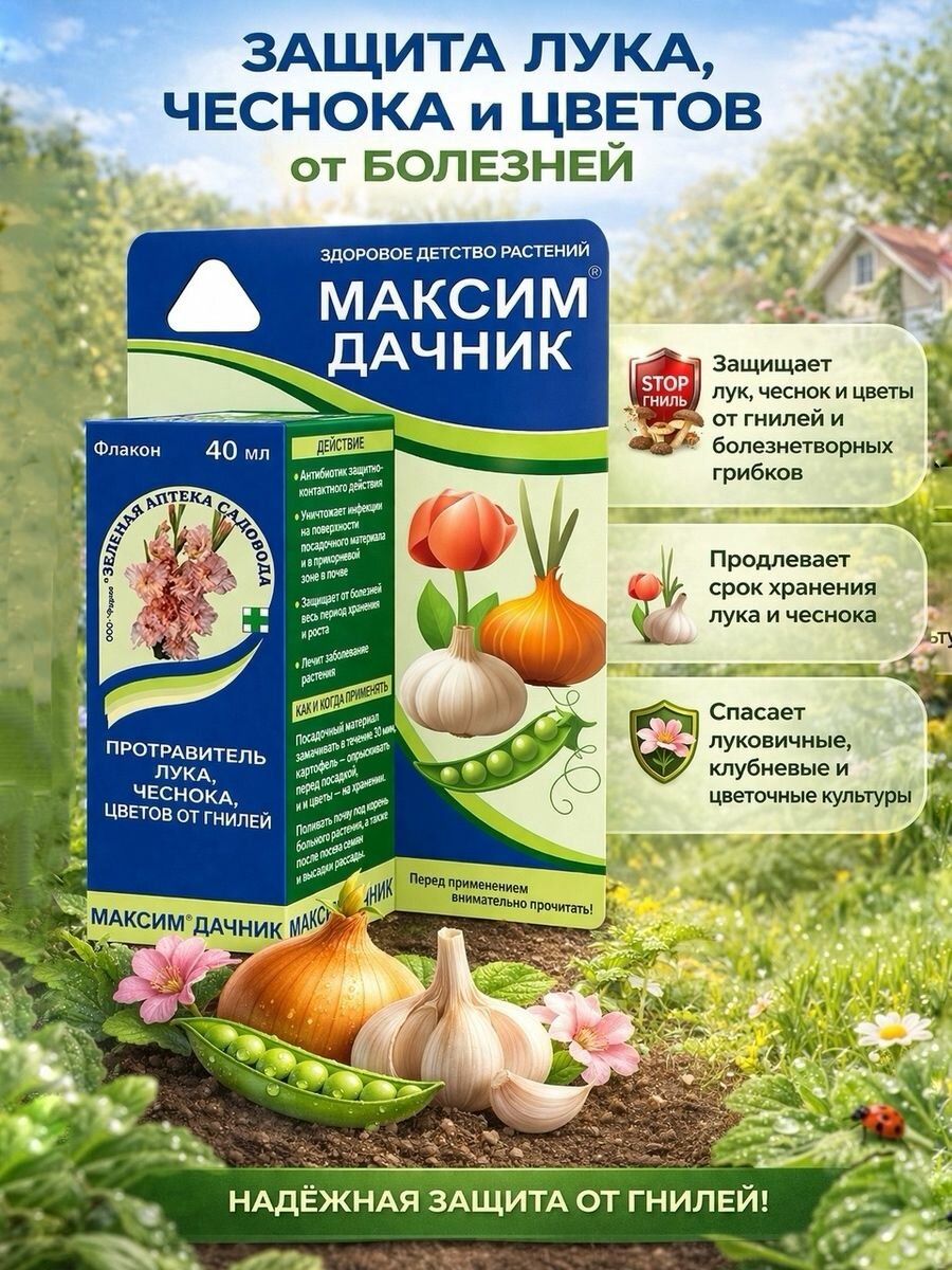 Средство для защиты от болезней лука, чеснока и цветочных культур, Максим Дачник, 40 мл