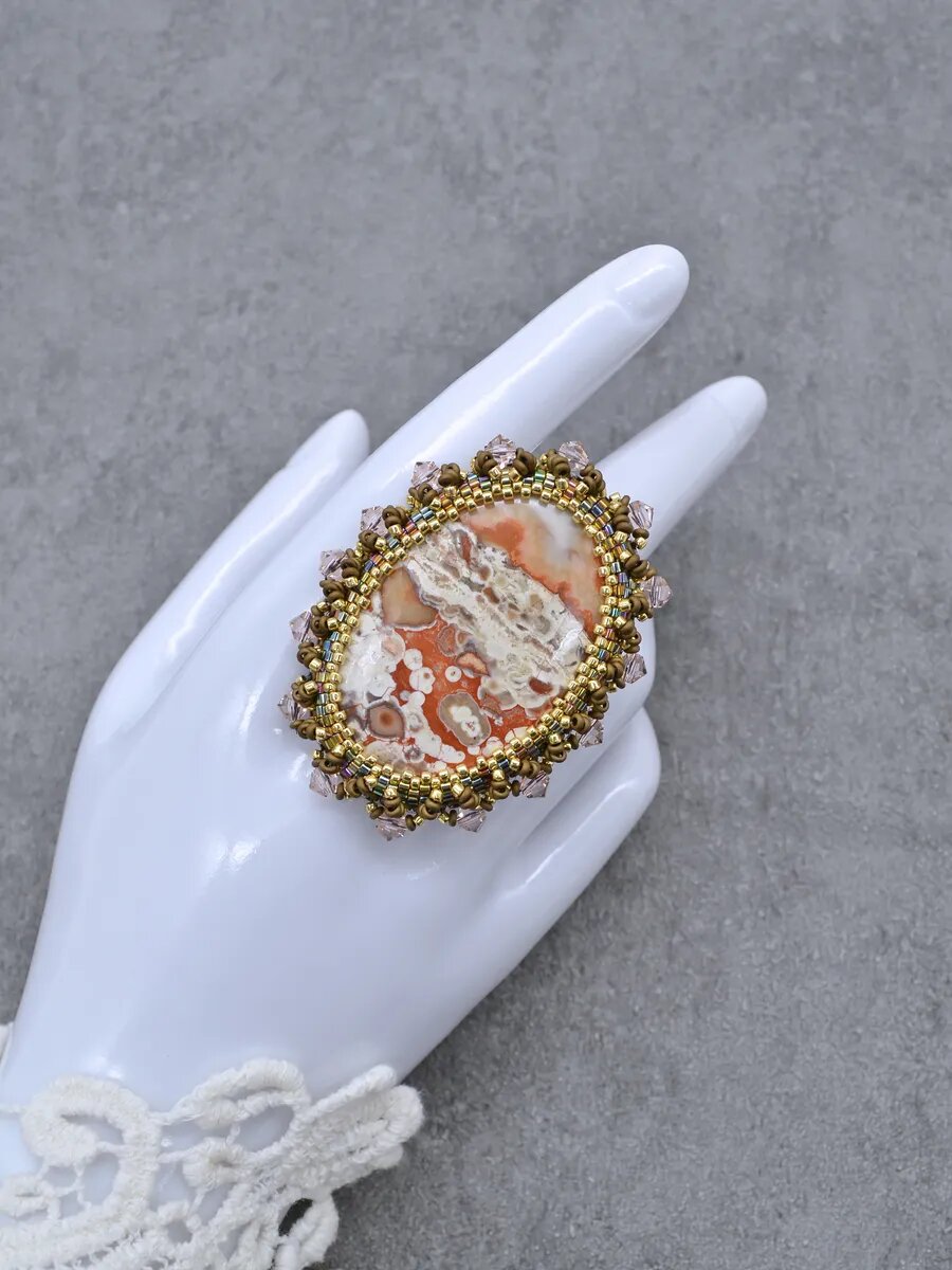 Кольцо, кристалл, бисер, кристаллы Swarovski
