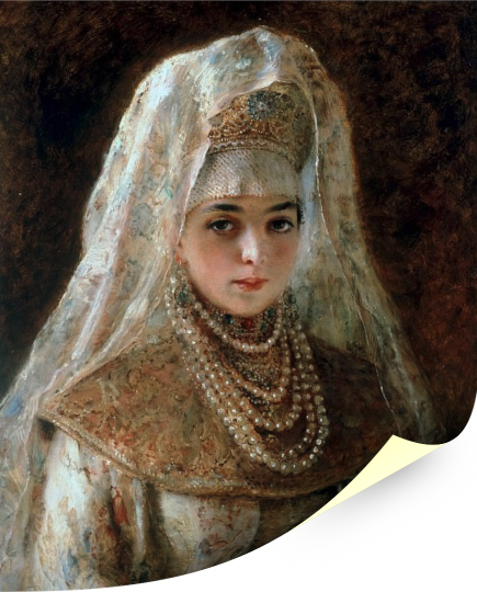 Картина для интерьера "Девушка в боярской одежде", художник Маковский Константин Егорович, печать на холсте (30х37 см / без подрамника)