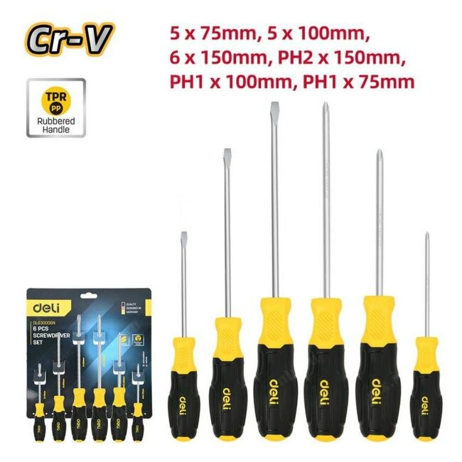 DL630006N Набор отверток Deli 6шт SL5x75 + SL5x100 + SL6x150 + PH1x75 + PH1x100 + PH2x150 сталь Cr-V, двухкомпонентная — фото 1