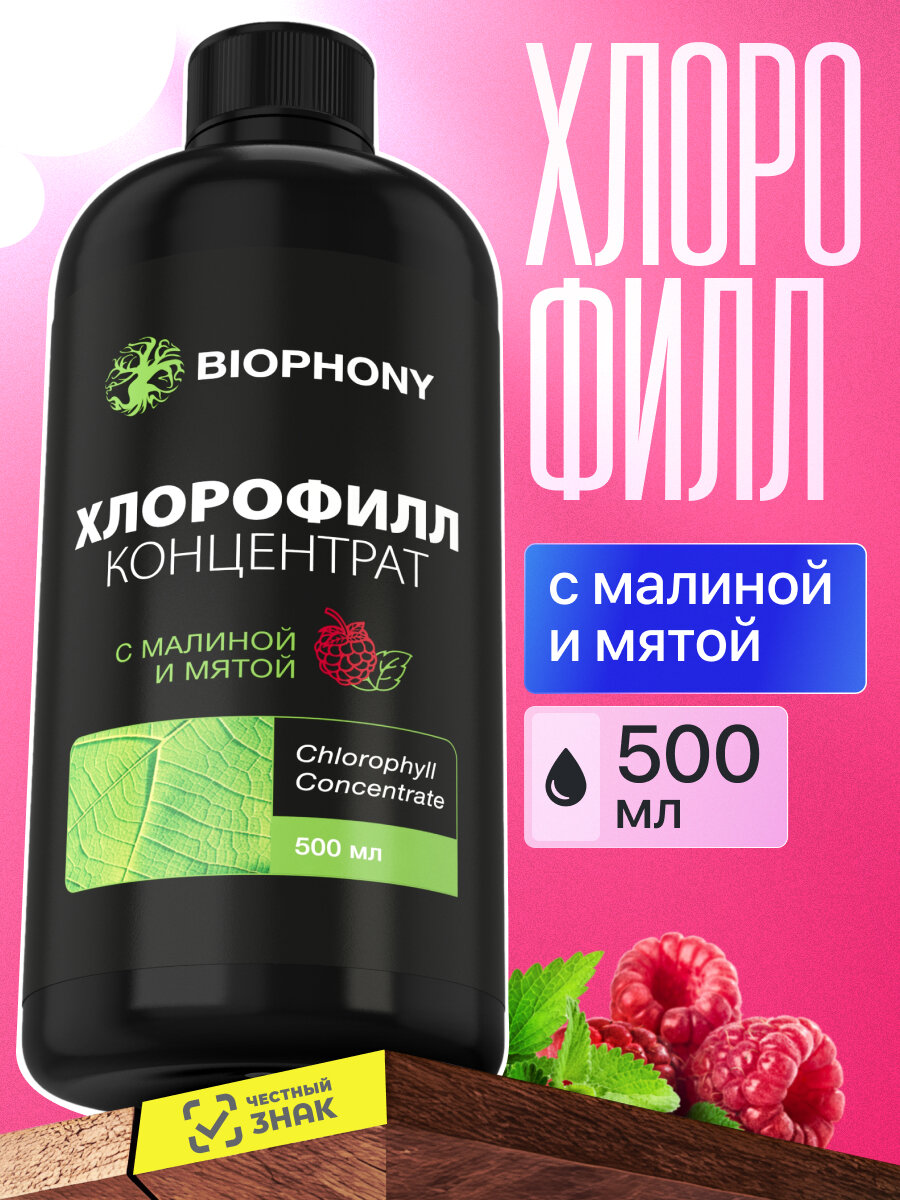 Хлорофилл жидкий пищевой БИО питьевой концентрат 500 мл со вкусом Малина-мята