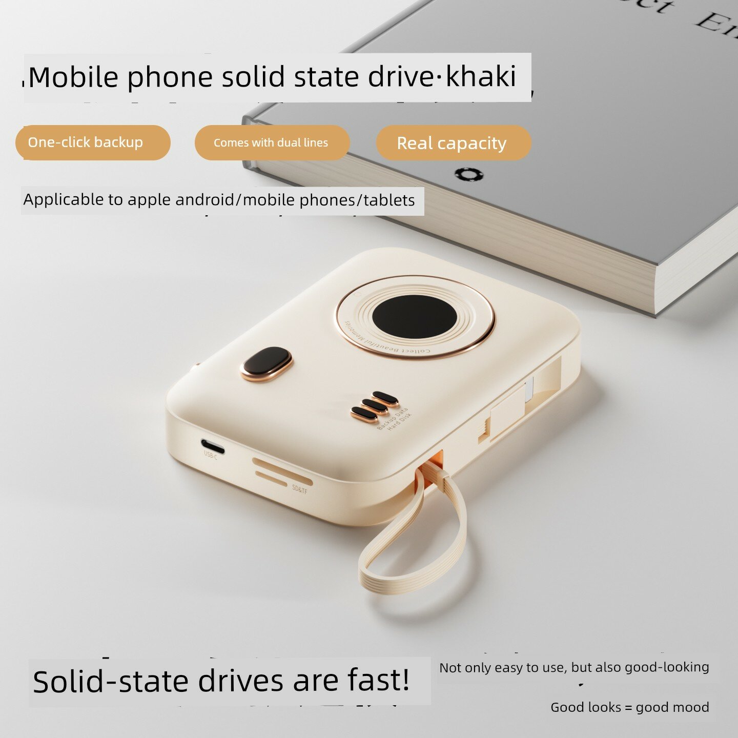 Портативный SSD 512 ГБ с двойным кабелем USB-C, работает с Apple и Android, теплый бежевый