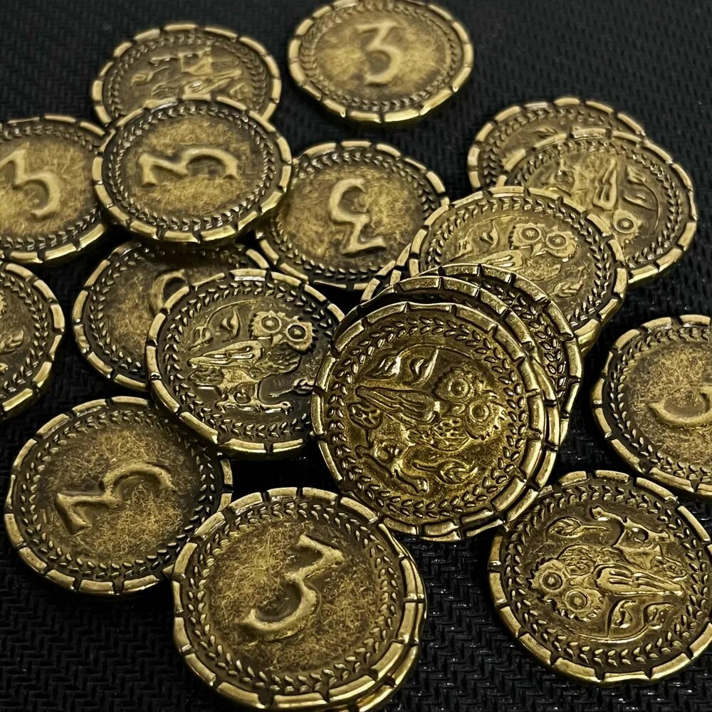 Настольная игра "7 Wonders": DIY-монеты из металла на заказ. Подарок: мешочек из велюра. Деноминации: 1, 3, 6. Износостойкие, высокое качество.