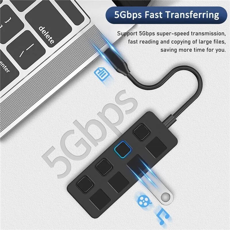 4-портовый USB 3.0 концентратор с индивидуальными светодиодными выключателями питания, разветвитель USB-концентратора (черный)