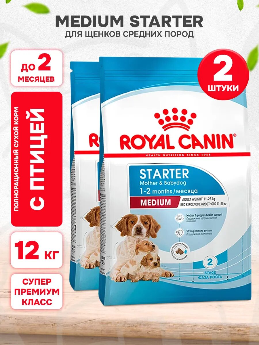 Корм сухой Royal Canin Medium Starter для щенков средних пород до 2 месяцев, беременных и кормящих сук, 12 кг x 2 шт