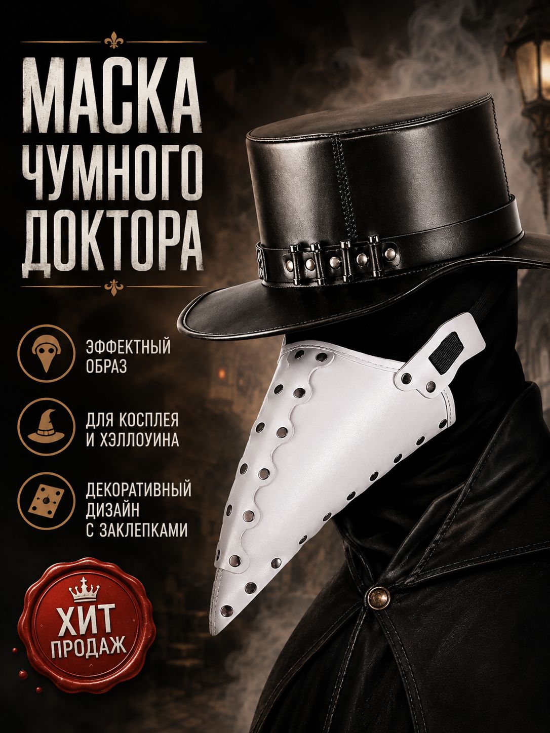 Белая маска чумного доктора в стиле стимпанк длинный клюв, декоративные заклепки, эластичное крепление, для косплея и Хэллоуина.