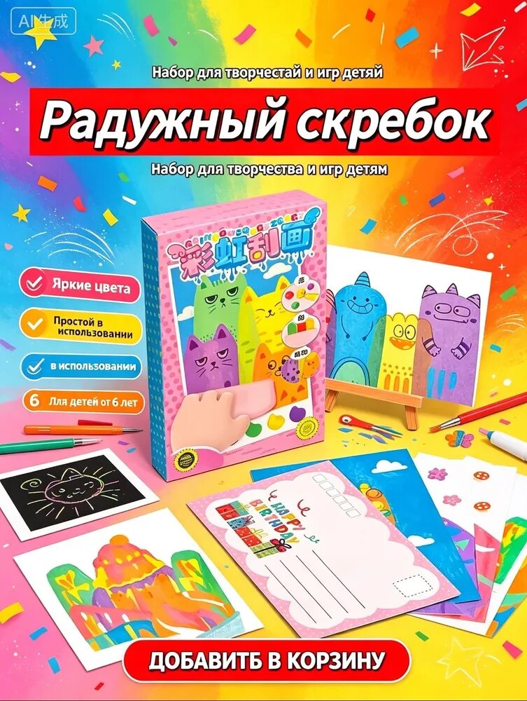 Набор для рисования для детей, включающий в себя радужные раскраски - скребки. В этом наборе есть 20 карт, а также краски, акварельные ручки и наклейки.