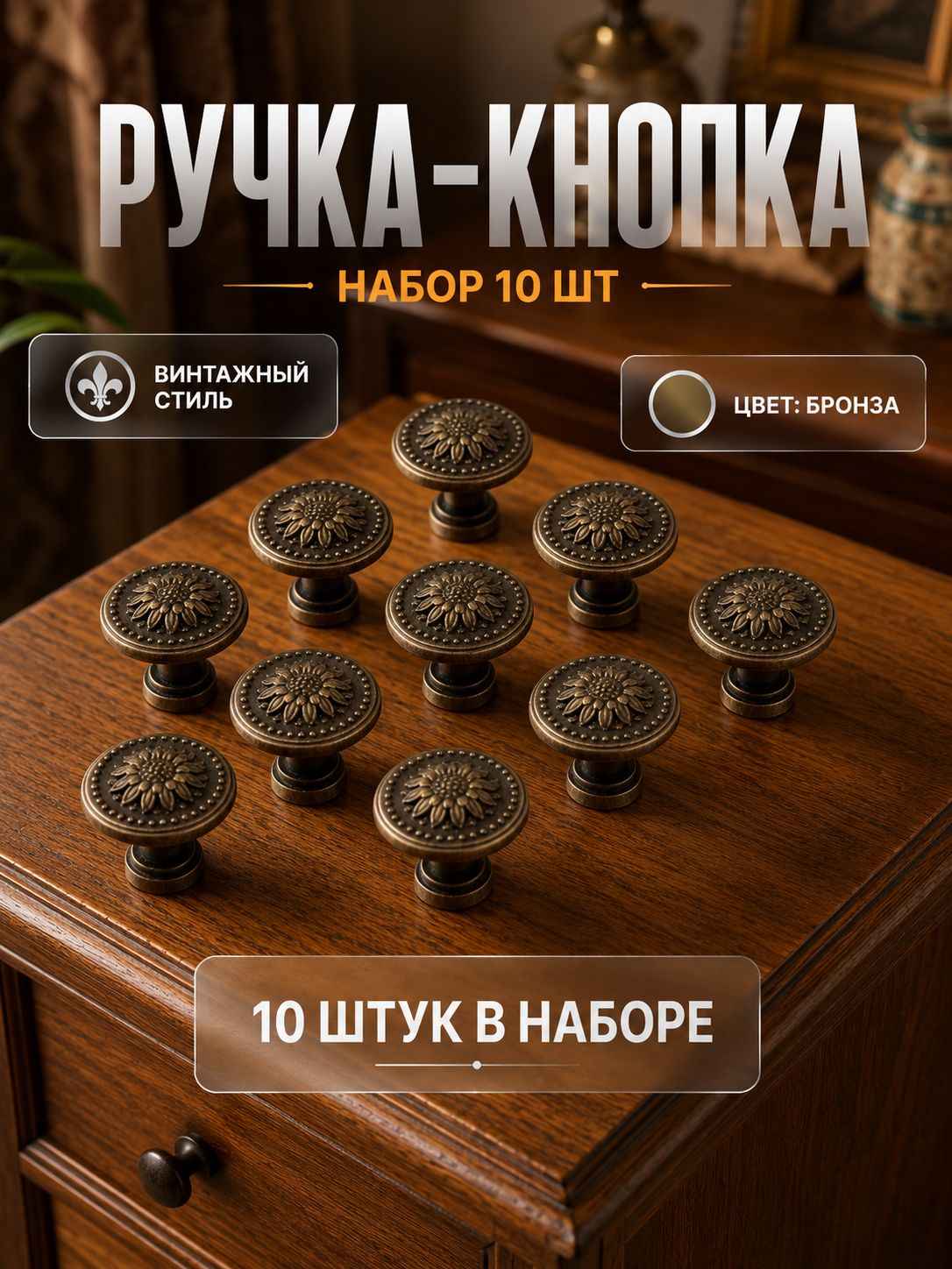 Ручка-кнопка мебельная бронза, винтажная фурнитура для шкафа, комода и тумбы, набор 10 шт TUNDRA VINTAGE 011