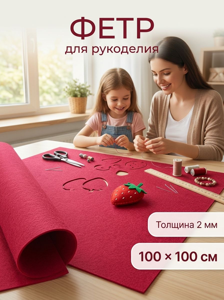 Войлок для рукоделия фетр красный 100х100 см